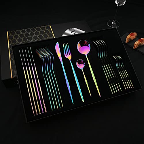 Uk_18_knife 24Pcs Rainbow Flatware Set Dinnerware Cutlery Set Stainless Steel Restaurant Silverware Tableware Steak (Color : Red Gold)