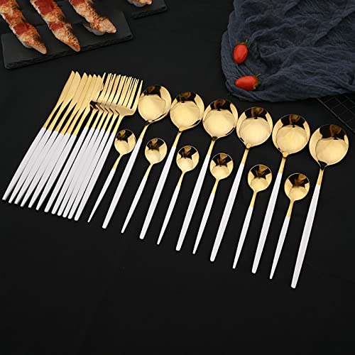 Uk_18_knife 24Pcs Rainbow Flatware Set Dinnerware Cutlery Set Stainless Steel Restaurant Silverware Tableware Steak (Color : Red Gold)