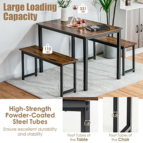YEBDD 3 Piece Dining Table Bench Set with Wooden Top and Metal Frame Furniture Set