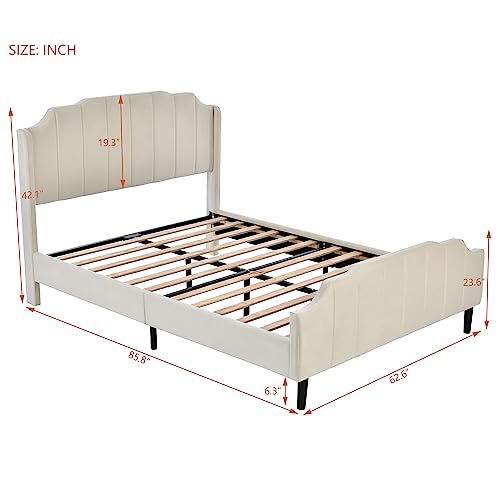 GLORHOME Queen Size Upholstered Platform, Bed Frame with Headboard and Footboard for Living Room/Bedroom, Velvet Fabric,Beige