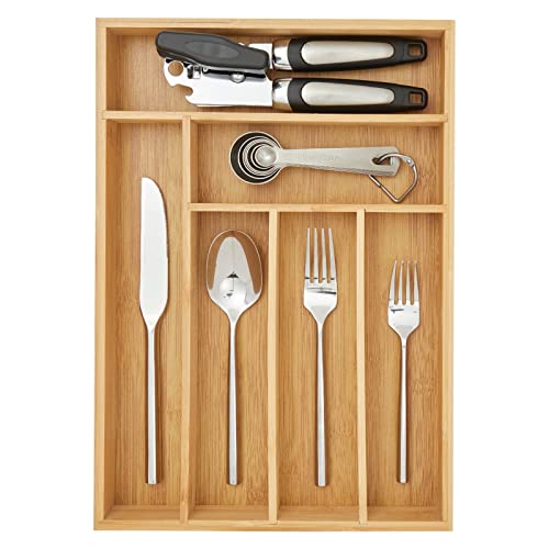 Juvale Narrow Bamboo Silverware Drawer Organizer, Wooden Cutlery Tray Holder for Kitchen, Flatware & Utensil Storage with 6 Slots, 14.5 x 10.25 x 1.75 Inches