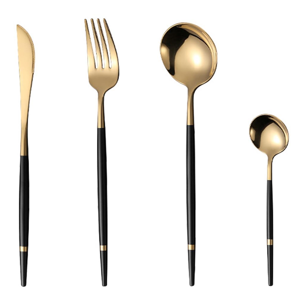 Aimilan 16 Piece Black Silverware Set For 4, 18 10 Stainless Steel Titanium-plated Flatware Set, Portugal Cutlery Set Includes Knife/Fork/Spoon Mirror Polished, Dishwasher Safe (16-Piece for 4)