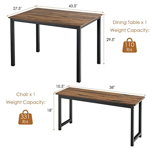 YEBDD 3 Piece Dining Table Bench Set with Wooden Top and Metal Frame Furniture Set