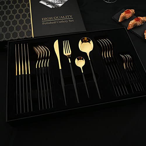 Uk_18_knife 24Pcs Rainbow Flatware Set Dinnerware Cutlery Set Stainless Steel Restaurant Silverware Tableware Steak (Color : Red Gold)