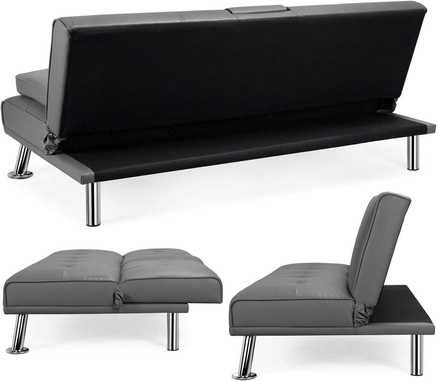 GATEQ Contemporary Faux Leather Futon, Convertible Sofa Bed, Adjustable Sofa Sleeper, Folding Sunbed Guest Bed, Removable Armrests with Cupholders and Pillow (Grey)