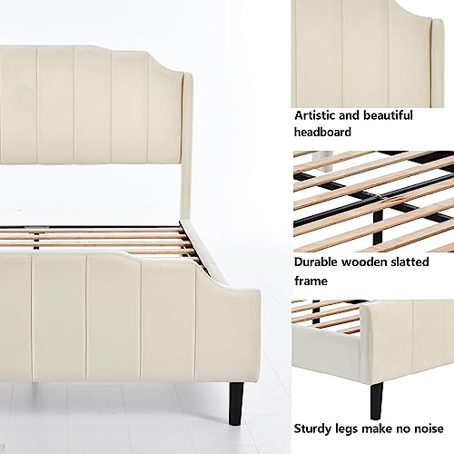 GLORHOME Queen Size Upholstered Platform, Bed Frame with Headboard and Footboard for Living Room/Bedroom, Velvet Fabric,Beige