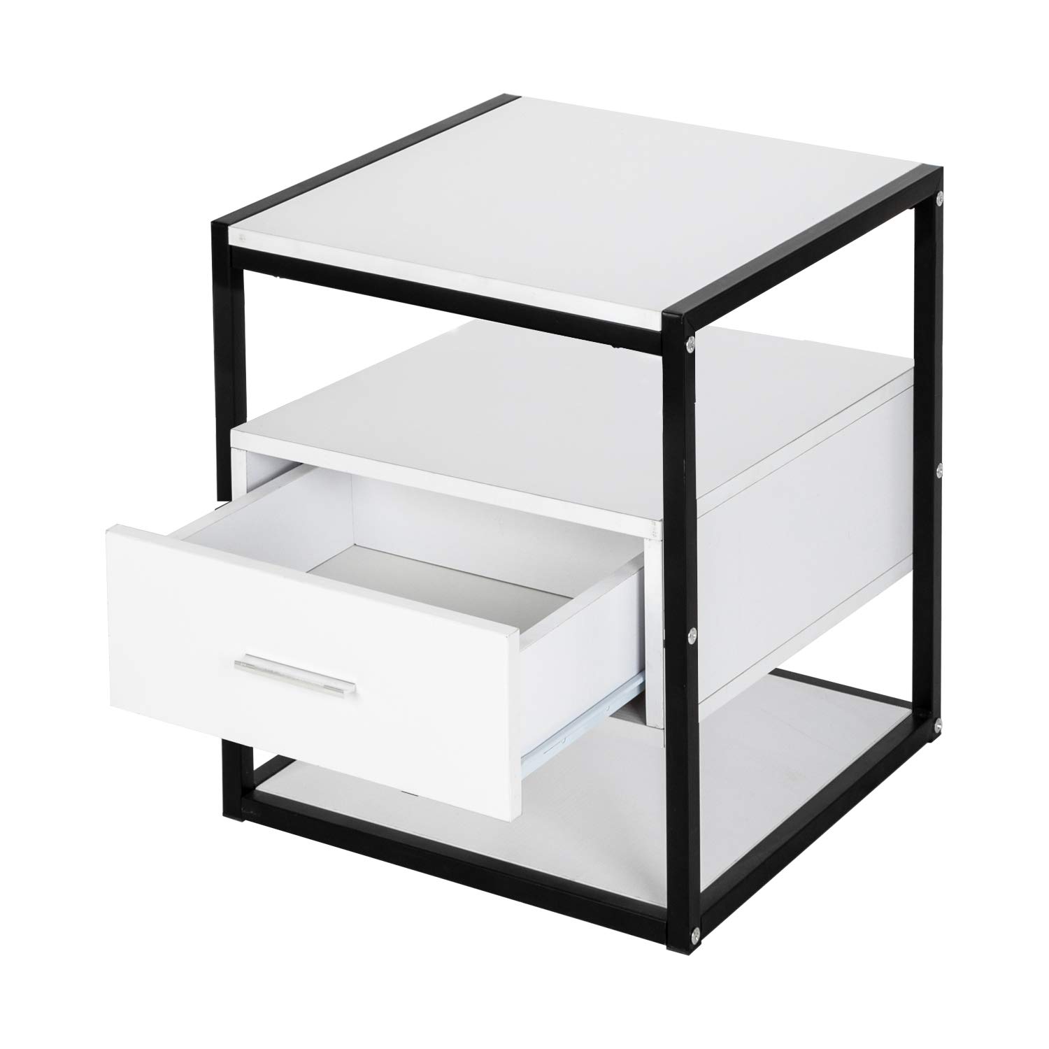 Nightstand Set of 1 with Drawer Modern Square End Side Table for Storage Open Shelf in Bedroom, Living Room, Small Space, Stable Metal Frame, White Compact and Sturdy Storage Solution