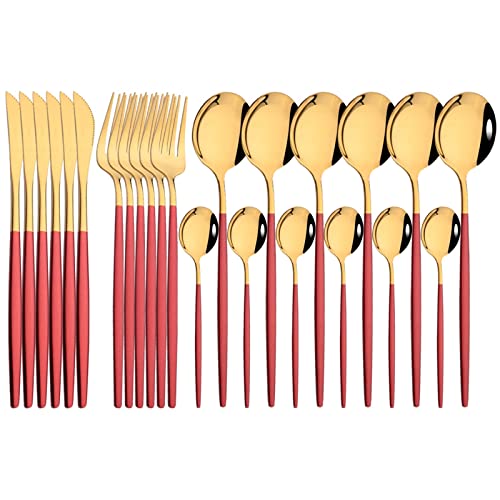 Uk_18_knife 24Pcs Rainbow Flatware Set Dinnerware Cutlery Set Stainless Steel Restaurant Silverware Tableware Steak (Color : Red Gold)