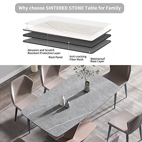Modern Kitchen Dining Table for 6, Artificial Sintered Stone Table Top Rectangle Kitchen Table with Curved Edge and X-Shape Base, Dinner Table for Resterant Dining Room Office, Grey(Without Chairs)