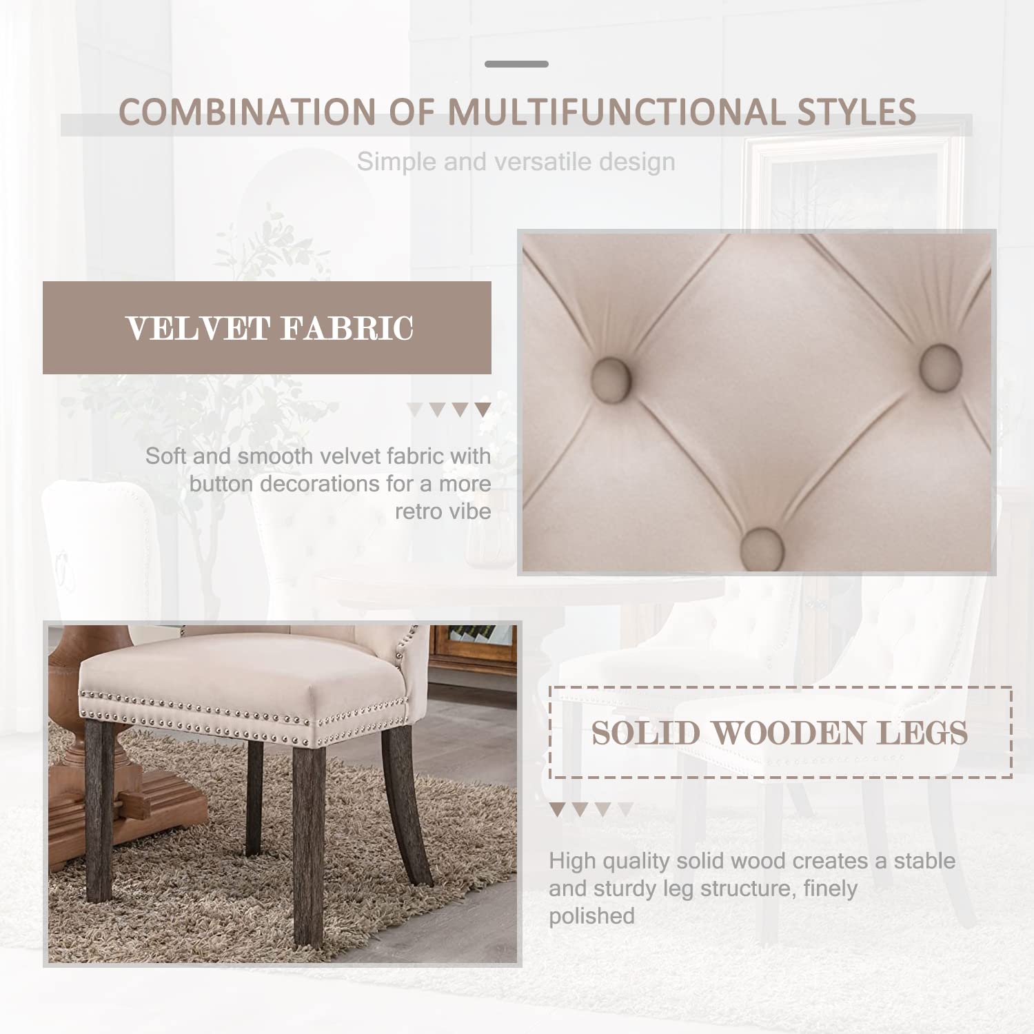 Eifizek Velvet Dining Chairs Set of 2, Tufted Dining Room Chairs with Nailhead Ring Pull Trim, Upholstered Dining Chairs with Solid Wood Legs for Kitchen Dining Room (Beige)