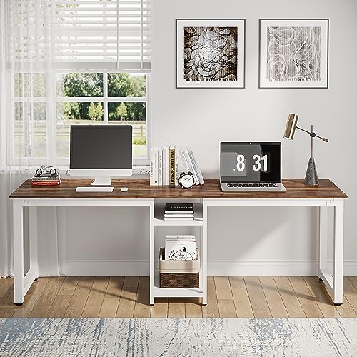 Tribesigns 78 Inches Computer Desk, Extra Large Two Person Office Desk with Shelf, Double Workstation Desk for Home Office (Brown/White)
