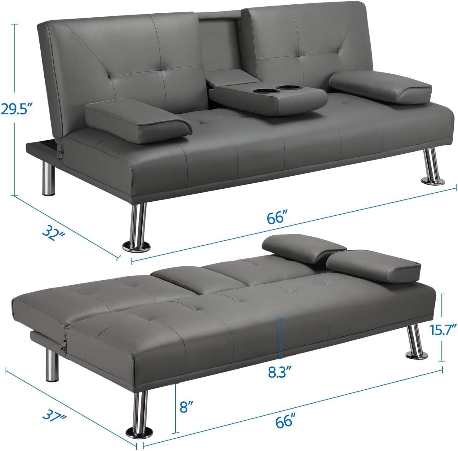 GATEQ Contemporary Faux Leather Futon, Convertible Sofa Bed, Adjustable Sofa Sleeper, Folding Sunbed Guest Bed, Removable Armrests with Cupholders and Pillow (Grey)