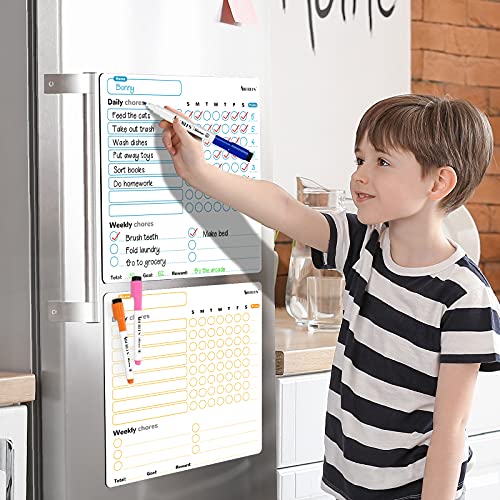 Magnetic Chore Chart, 3 Pcs Dry Erase Behavior Charts & 10 Markers, Reward Chart for Multiple Kids Teens Adults Family, Daily Responsibility Rewards Whiteboard for Fridge School Home Supplies