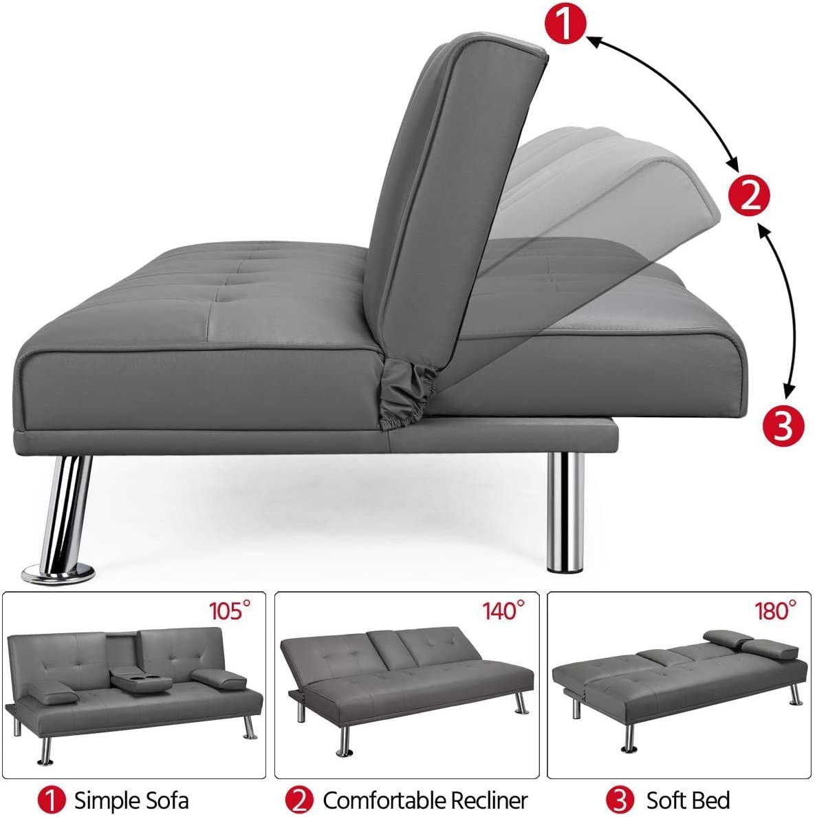 GATEQ Contemporary Faux Leather Futon, Convertible Sofa Bed, Adjustable Sofa Sleeper, Folding Sunbed Guest Bed, Removable Armrests with Cupholders and Pillow (Grey)