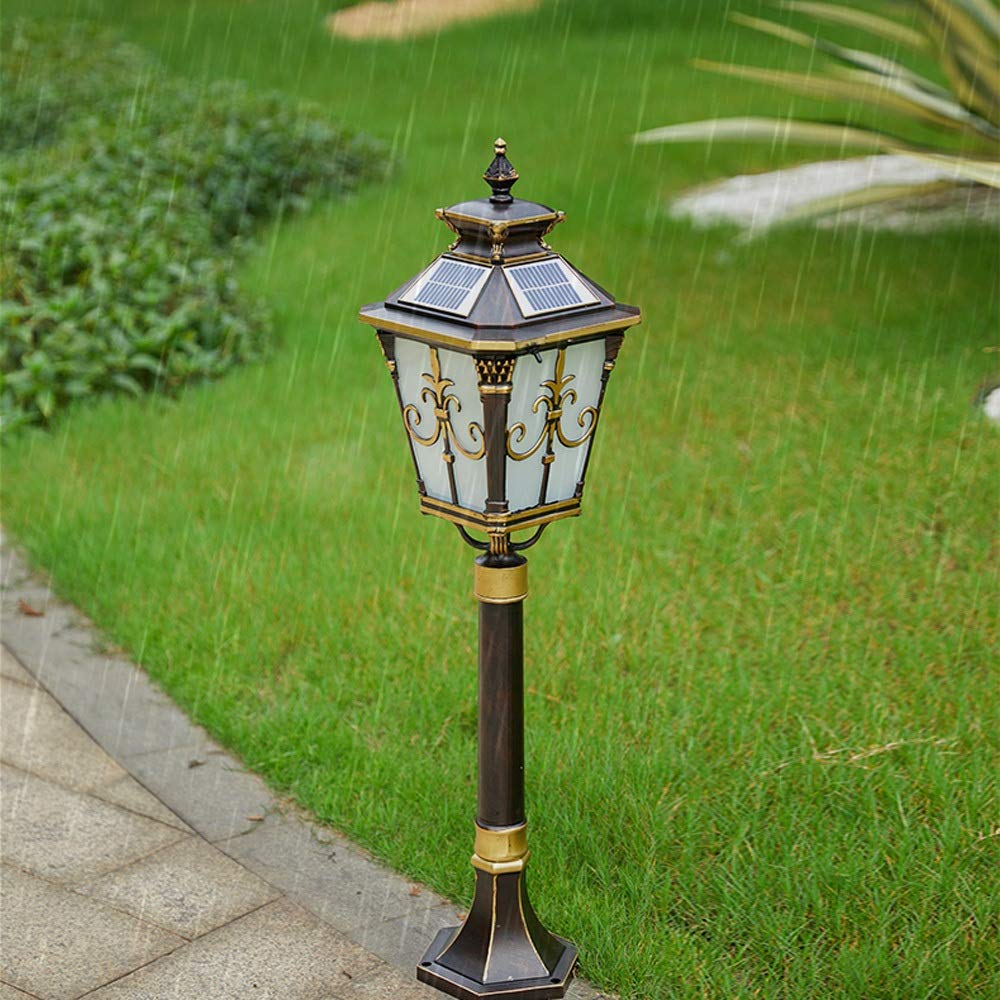 Vintage Solar Column Light LED Post Lamp Outdoor Retro Glass Lantern European Antique Aluminum Metal Courtyard Lighting Park Community Path Street Light Victorian High Pole Lamp IP65 Deck Patio