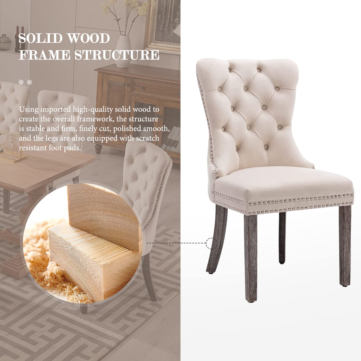 Eifizek Velvet Dining Chairs Set of 2, Tufted Dining Room Chairs with Nailhead Ring Pull Trim, Upholstered Dining Chairs with Solid Wood Legs for Kitchen Dining Room (Beige)