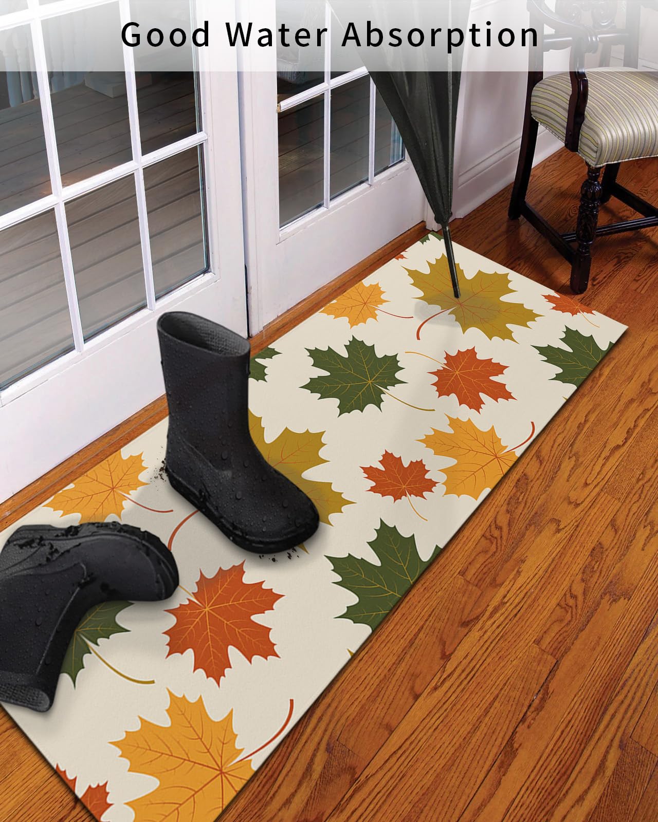 KITHOME Front Door Mat Autumn Maple and Fallen Leaves Tile Pattern Indoor Outdoor Entrance Doormat Washable Floor Mats for Front Door Bathroom Kitchen Runner Rugs 16x47 Inch