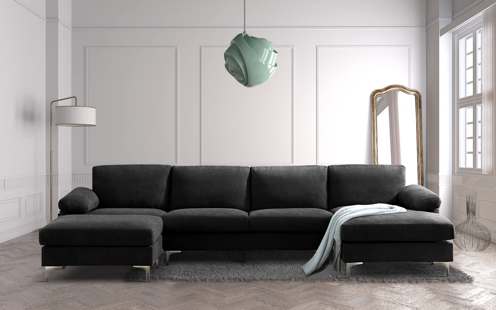 Verfur 5 Seats Convertible Sectional Sofa with Extra Wide Reversible Chaise and Movable Ottoman, U Shaped Symmetrical Modular Corner Couch Living Room Furniture Sets for Home Office, Black 128.3"