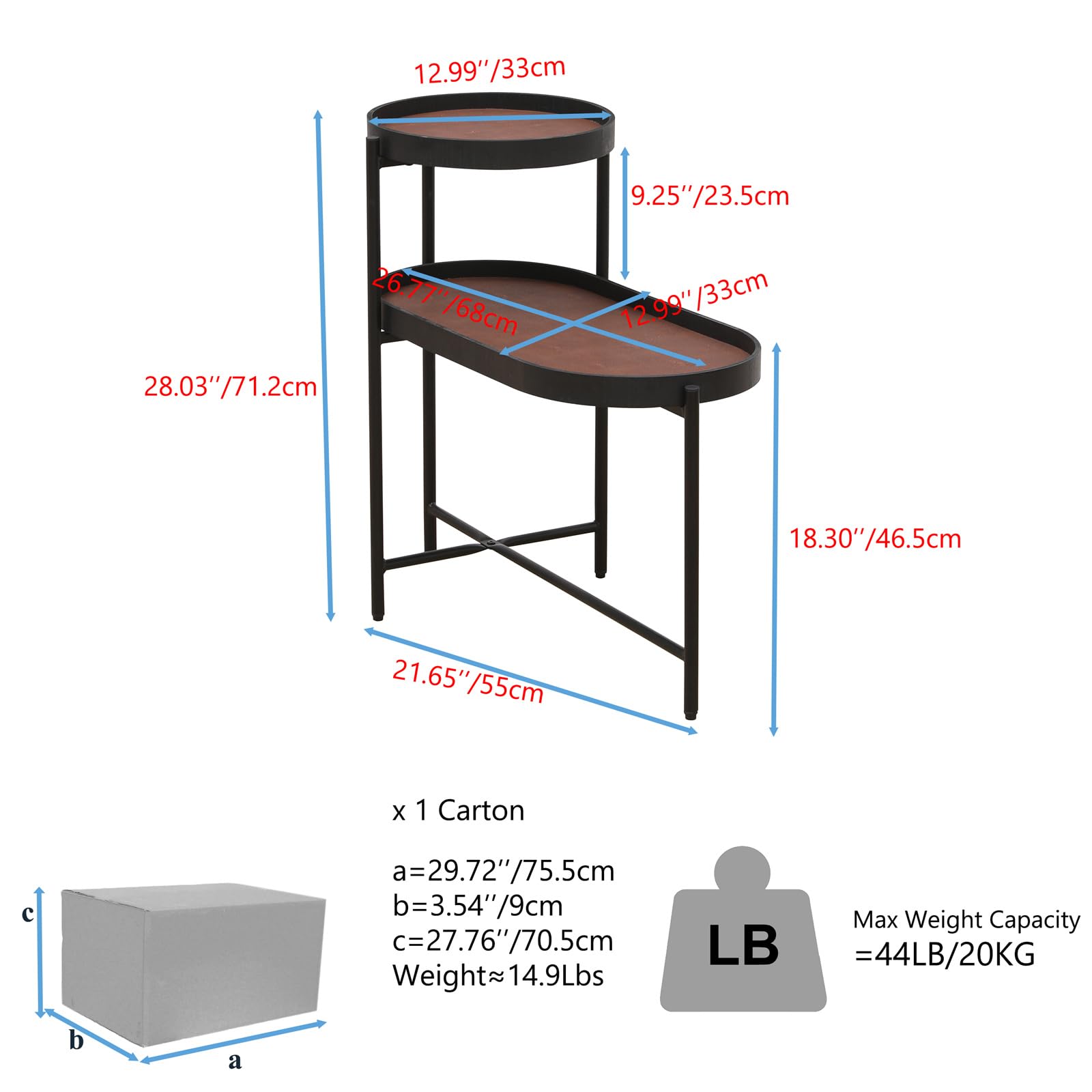 Modern 2-Tier Side Table Black Metal Frame with Wood & PU Tray End Tables Sofa Table for Living Room, Bedroom, Sofa Couch, Hall