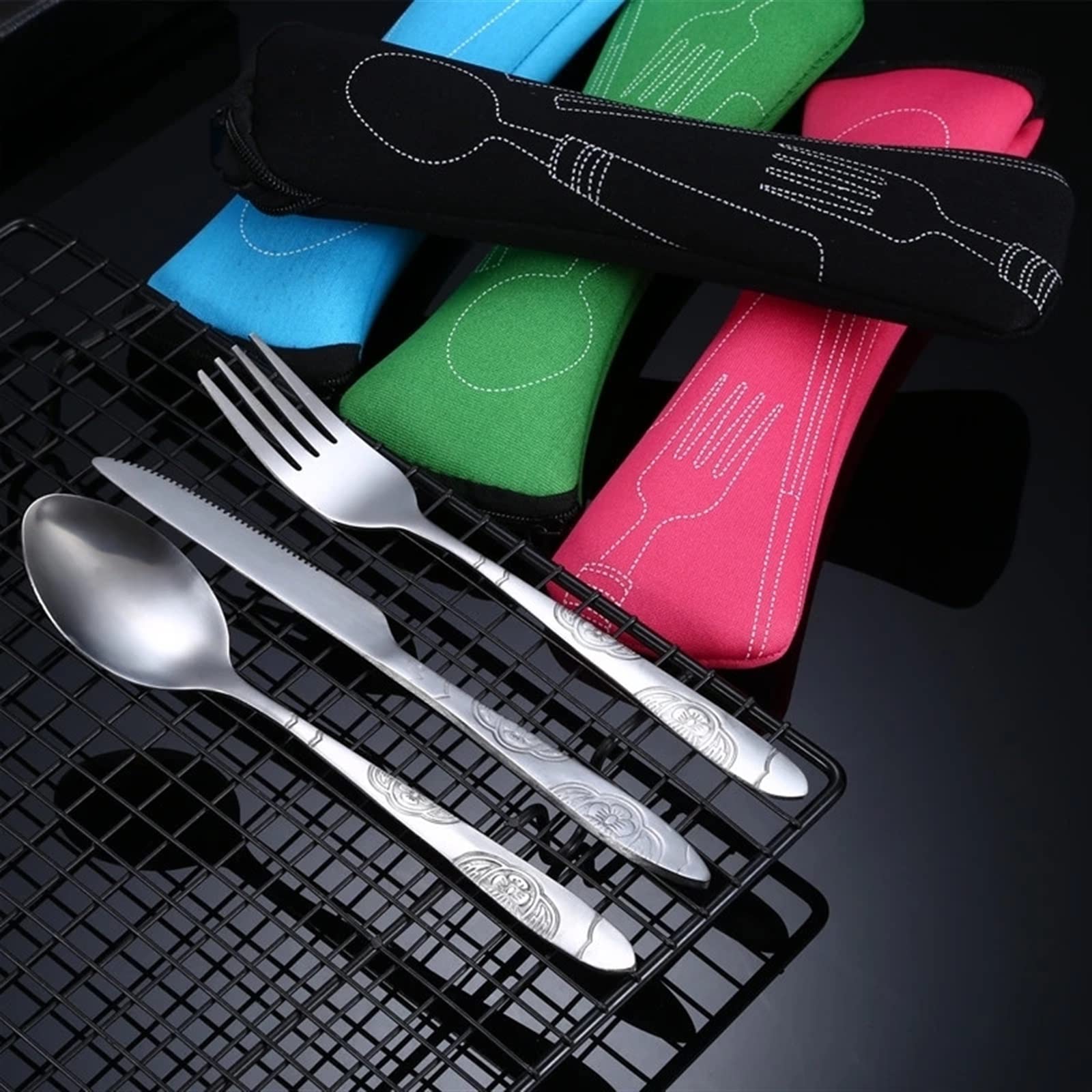 MEGTRI Kitchenutensils 3pcs/bag Steak Knife Travel Cutlery Set Portable Printed Stainless Steel Spoon Fork
