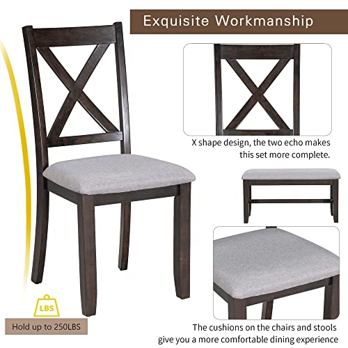 WOZNLA 6-Piece Rustic Dining Table Set - Foldable Table, 4 Padded Chairs, and 1 Bench - Ideal for Kitchen and Family Gatherings, Home Furniture Set, Espresso