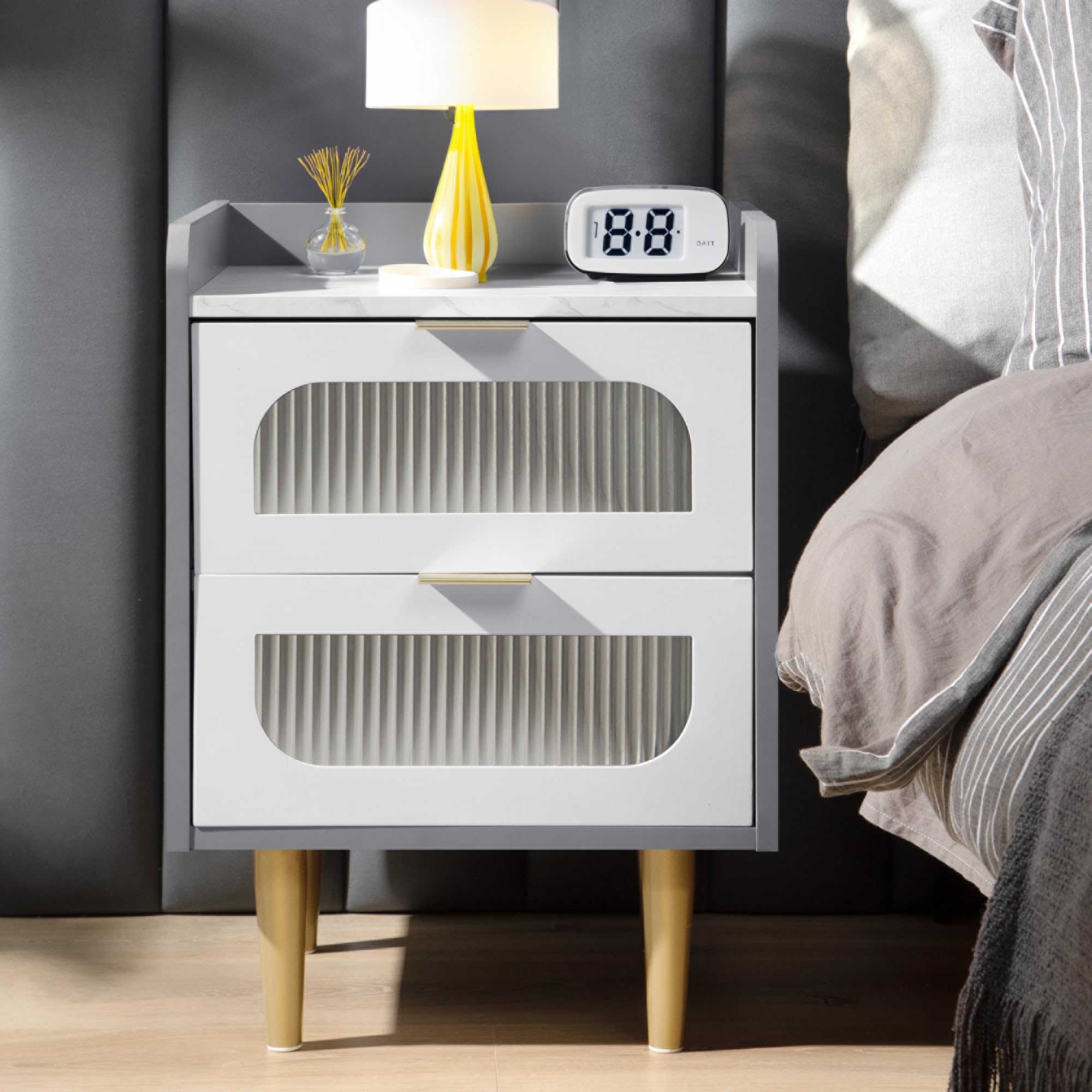 SICOTAS Night Stand with 2 Drawers, Modern Wood Nightstand Fluted Tempered Glass Marble Bed Side Table with Storage Large End Tables with Gold Legs for Bedroom Living Room, White and Grey