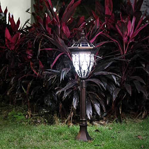 Vintage Outdoor Aluminum Cast Glass Lantern Solar LED Column Light Post Lamp American Home Villa Courtyard Lawn Pillar Light Outside Park Street Light IP65 Rainproof Deck Patio