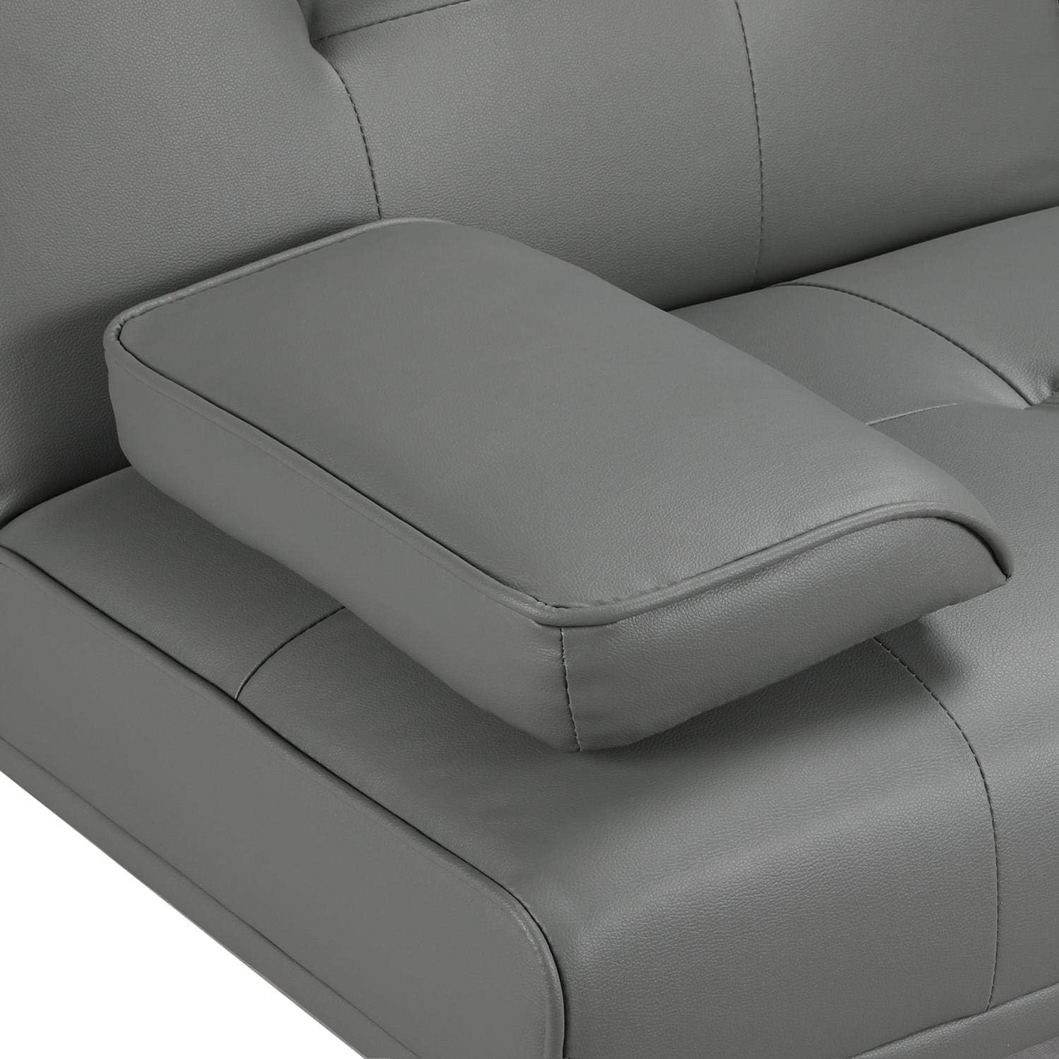 GATEQ Contemporary Faux Leather Futon, Convertible Sofa Bed, Adjustable Sofa Sleeper, Folding Sunbed Guest Bed, Removable Armrests with Cupholders and Pillow (Grey)