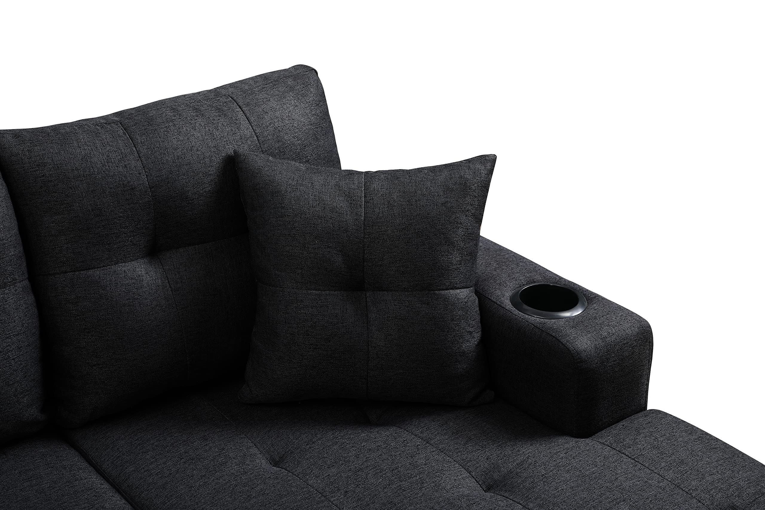 GINGVAT Modern Sectional Sofa for Living Room with Reversible Chaise Lounge Cupholders, L-Shaped Couch with Two Pillows, Black