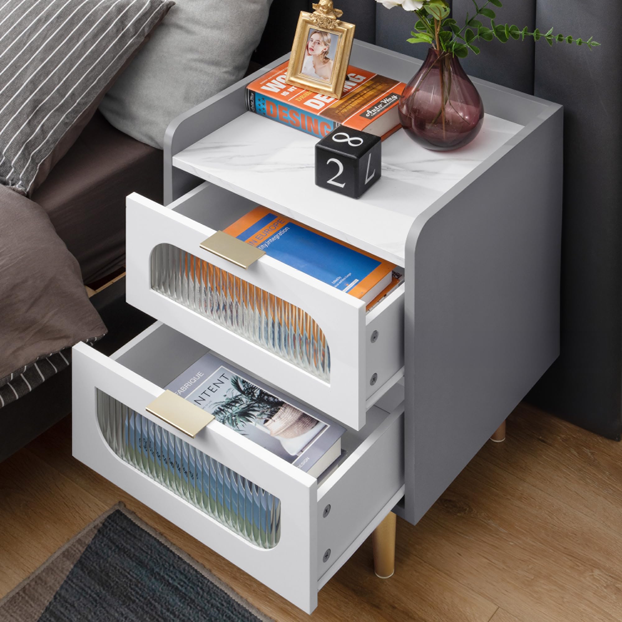SICOTAS Night Stand with 2 Drawers, Modern Wood Nightstand Fluted Tempered Glass Marble Bed Side Table with Storage Large End Tables with Gold Legs for Bedroom Living Room, White and Grey