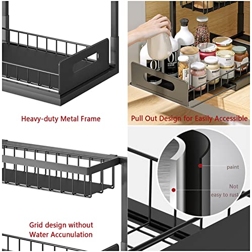 Under sink organizer, Furihshe kitchen storage pull out double shelf drawer 2-Tier Slide Out Sliding Shelf Under Cabinet Storage Multi-Use for Under kitchen sink organizers and storage, Black