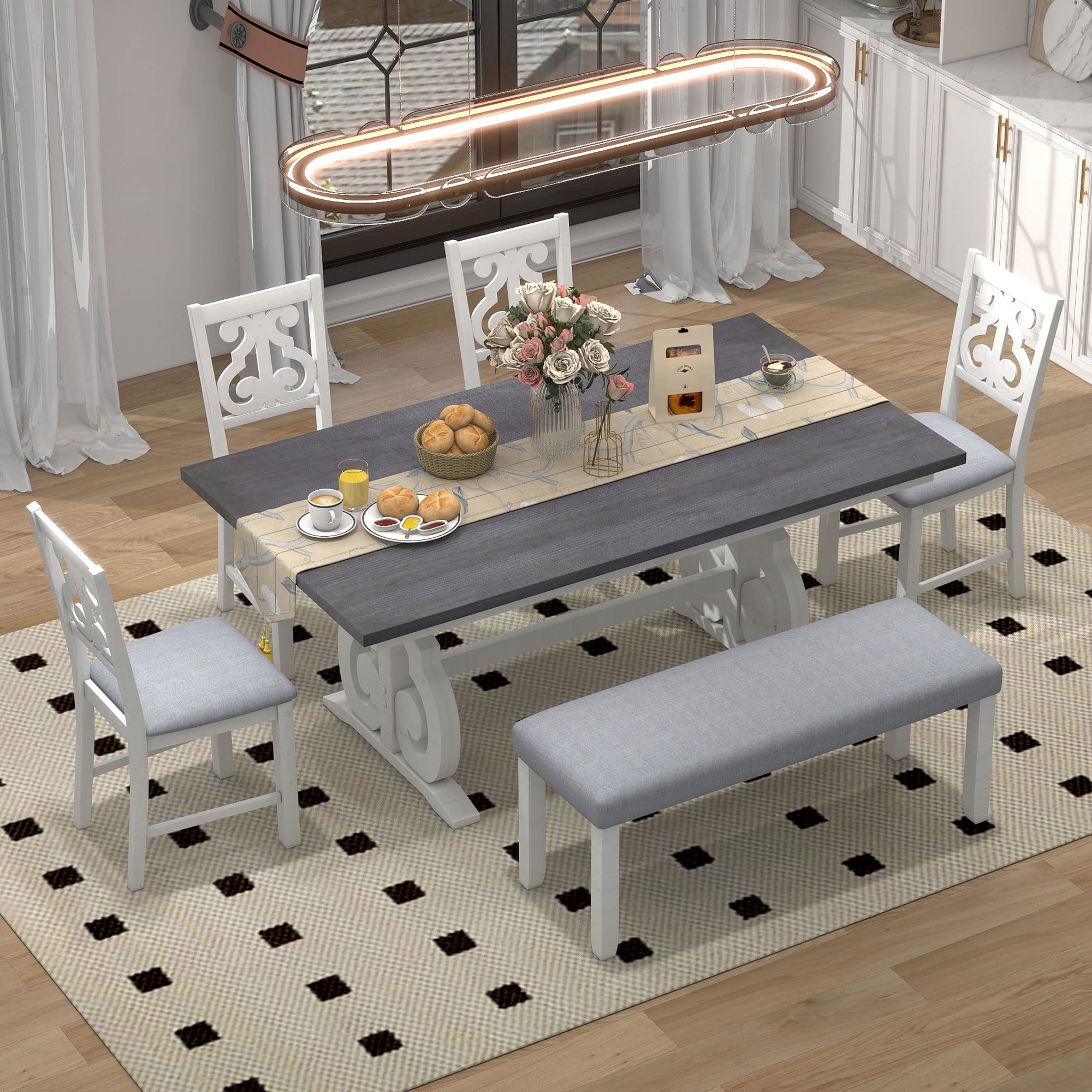 KoiHome Wooden, Farmhouse Rectangular Legs, 4 Carved Hollow Back and Bench for Home Room,Kitchen/Restaurant (Gray+White), 6-Piece Dining Table/Chairs Set