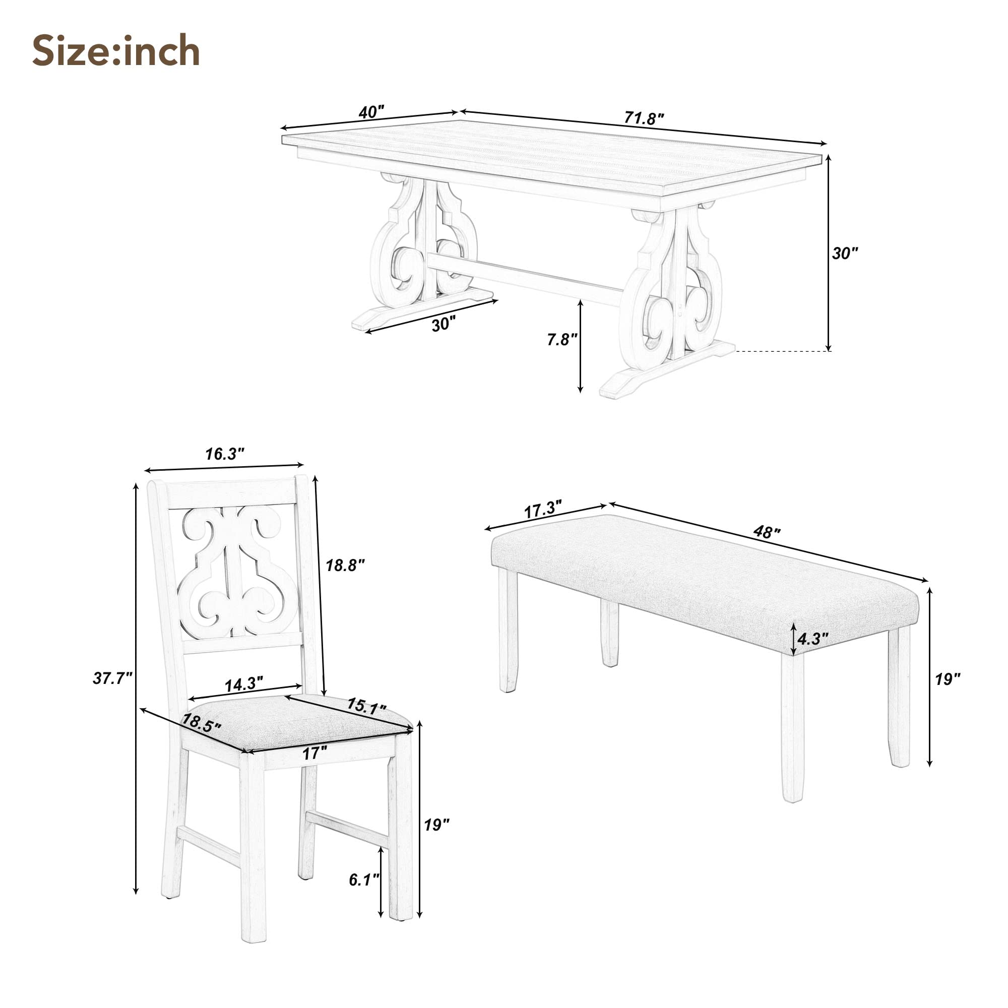 KoiHome Wooden, Farmhouse Rectangular Legs, 4 Carved Hollow Back and Bench for Home Room,Kitchen/Restaurant (Gray+White), 6-Piece Dining Table/Chairs Set