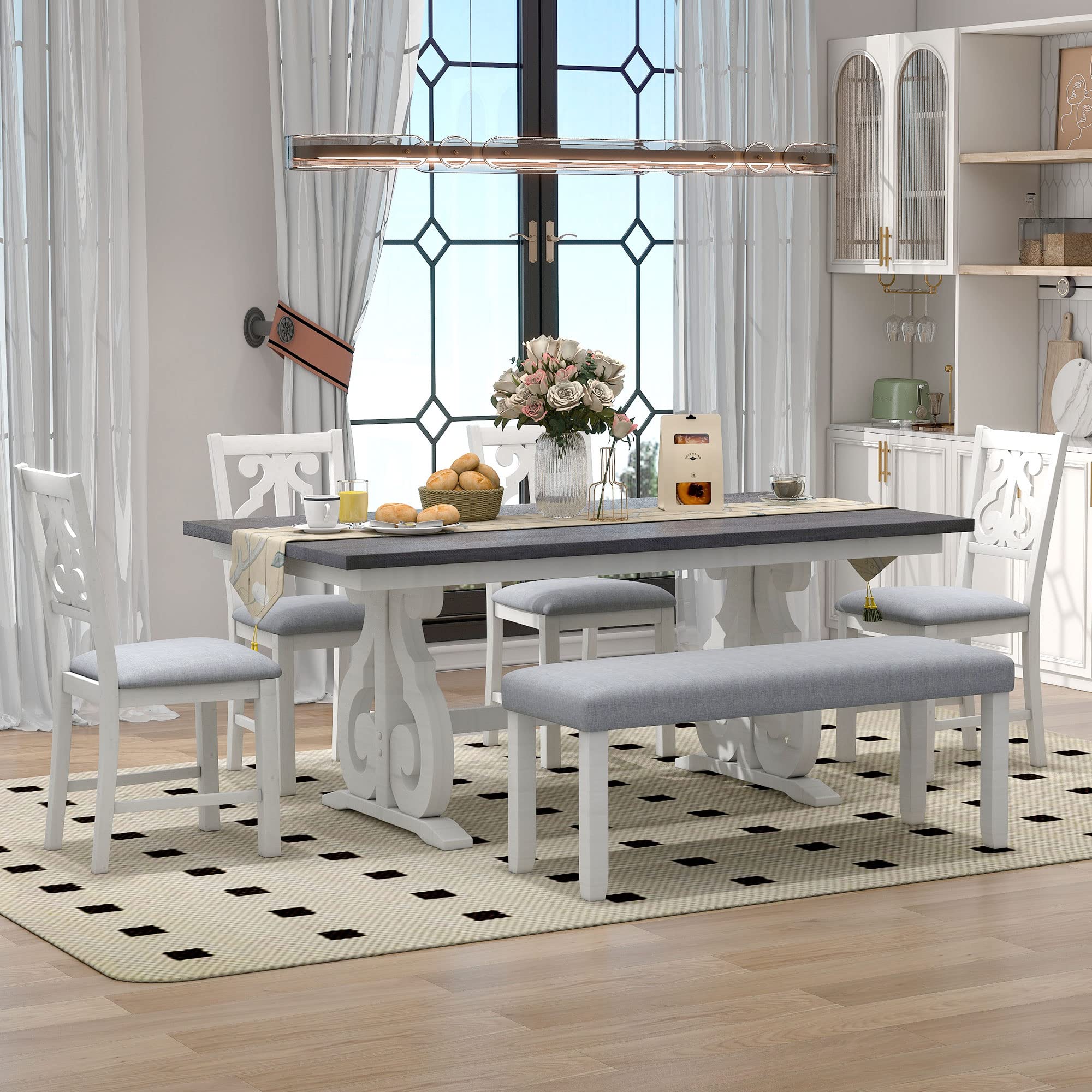 KoiHome Wooden, Farmhouse Rectangular Legs, 4 Carved Hollow Back and Bench for Home Room,Kitchen/Restaurant (Gray+White), 6-Piece Dining Table/Chairs Set