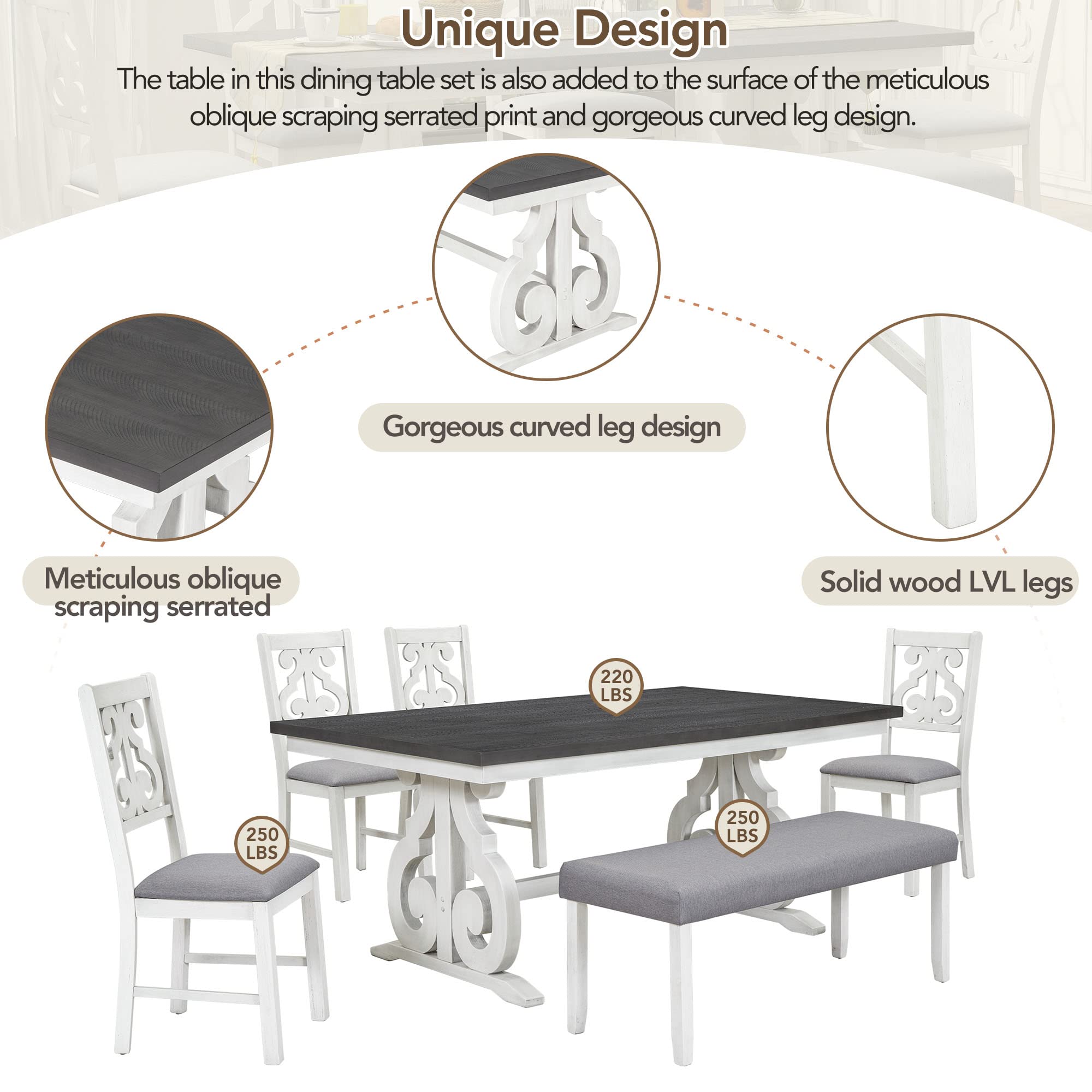 KoiHome Wooden, Farmhouse Rectangular Legs, 4 Carved Hollow Back and Bench for Home Room,Kitchen/Restaurant (Gray+White), 6-Piece Dining Table/Chairs Set