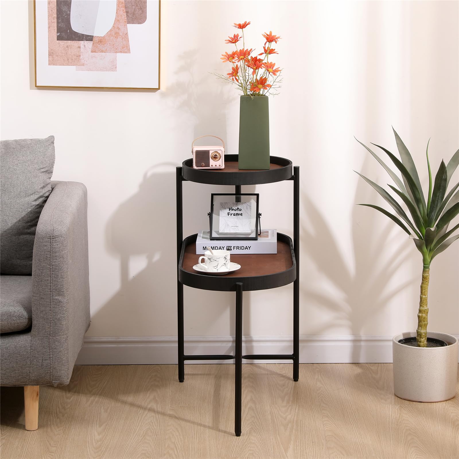 Modern 2-Tier Side Table Black Metal Frame with Wood & PU Tray End Tables Sofa Table for Living Room, Bedroom, Sofa Couch, Hall