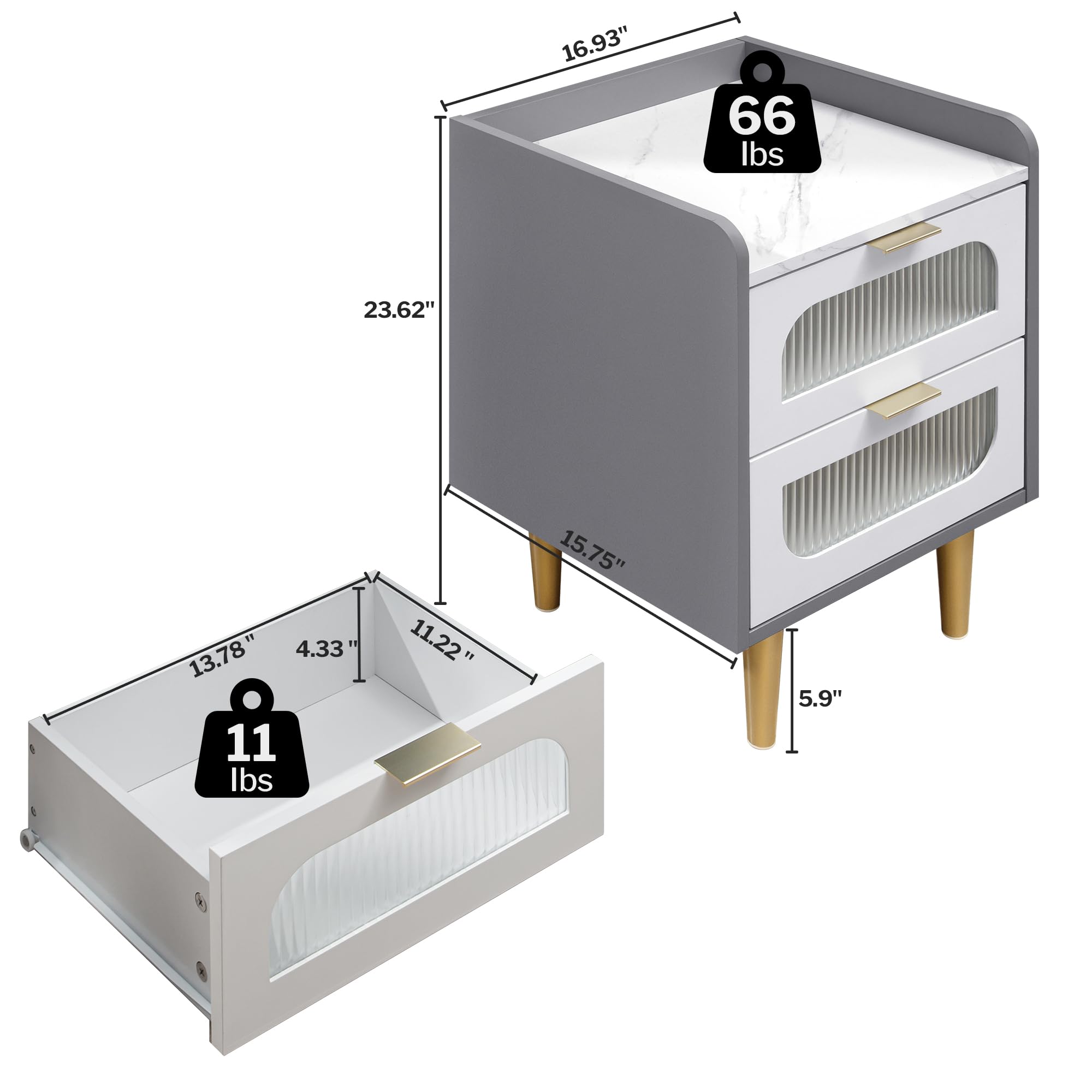 SICOTAS Night Stand with 2 Drawers, Modern Wood Nightstand Fluted Tempered Glass Marble Bed Side Table with Storage Large End Tables with Gold Legs for Bedroom Living Room, White and Grey