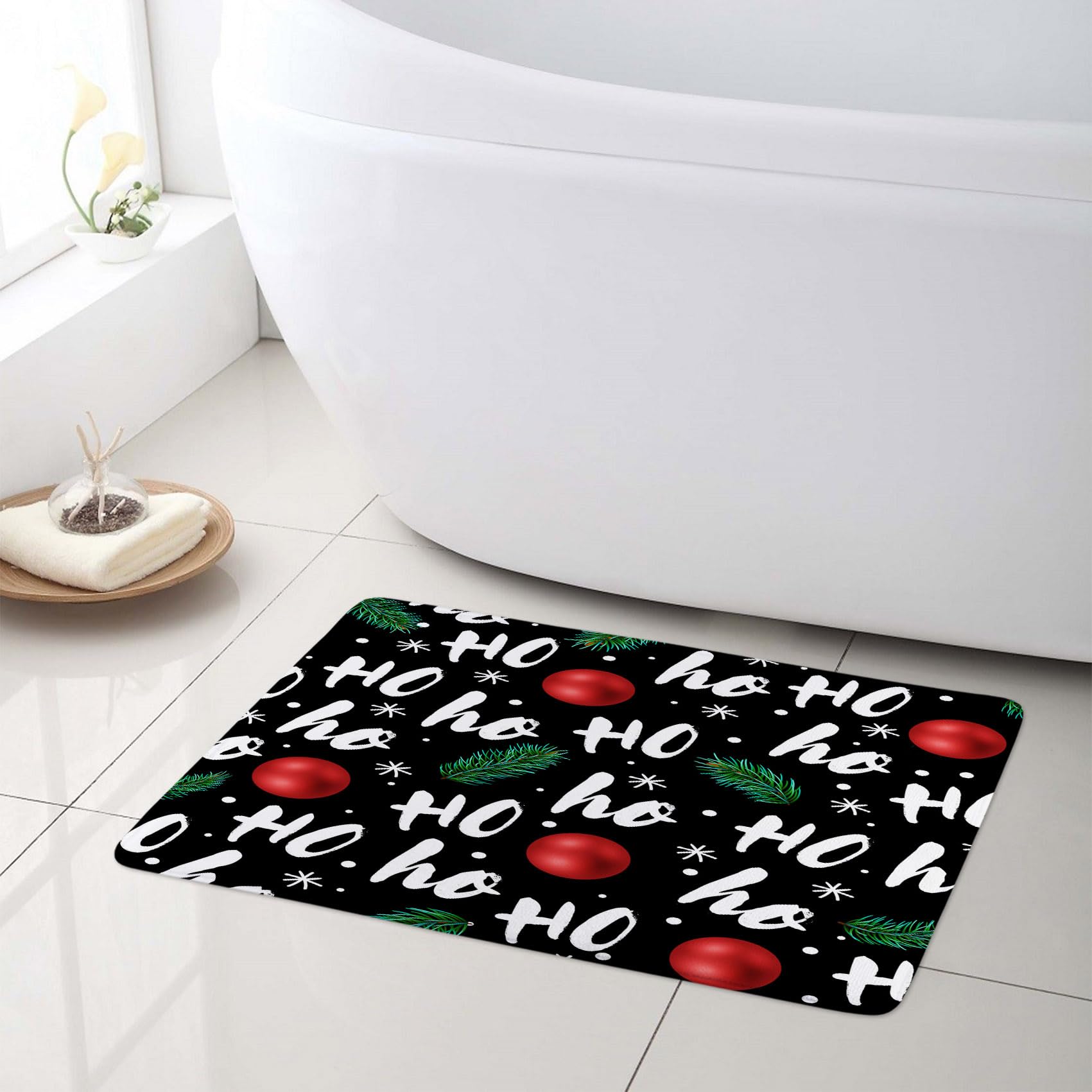 LB Merry Christmas Bath Mat Red Xmas Ball Green Pine Tree Branch Area Rug for Bathroom Black and White HO HO Doormat Non Slip Memory Foam Super Absorbent Floor Mats,24Wx16H Inch