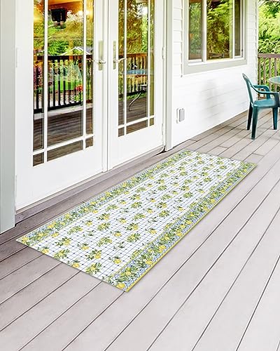 KITHOME Front Door Mat Blue Tile Background Lemon Indoor Outdoor Entrance Doormat Washable Floor Mats for Front Door Bathroom Kitchen Runner Rugs 16x47 Inch