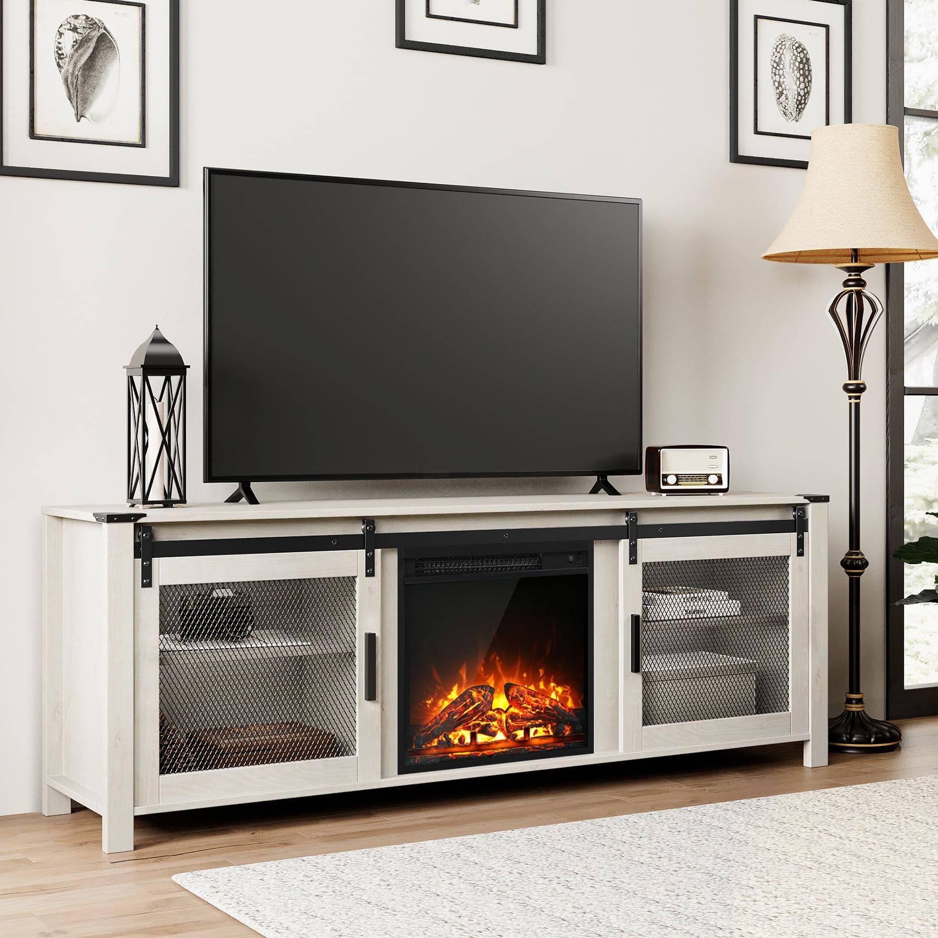 WAMPAT Fireplace TV Stand for ups to 75 inch TV,Industrial & Farmhouse Sliding Barn Door Media Console,Rustic Entertainment Center Cabinet for Living Room Bedroom,White