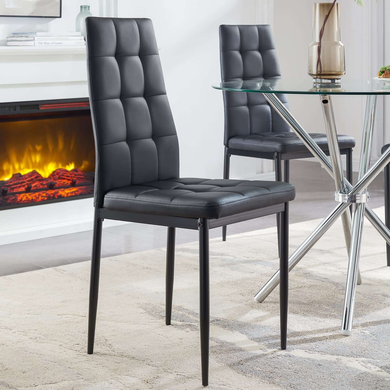 WISOICE Black Dining Chairs Set of 2, Kitchen Chairs for Dining Room Chairs, PU Leather Padded Cushion, High Back and Metal Legs