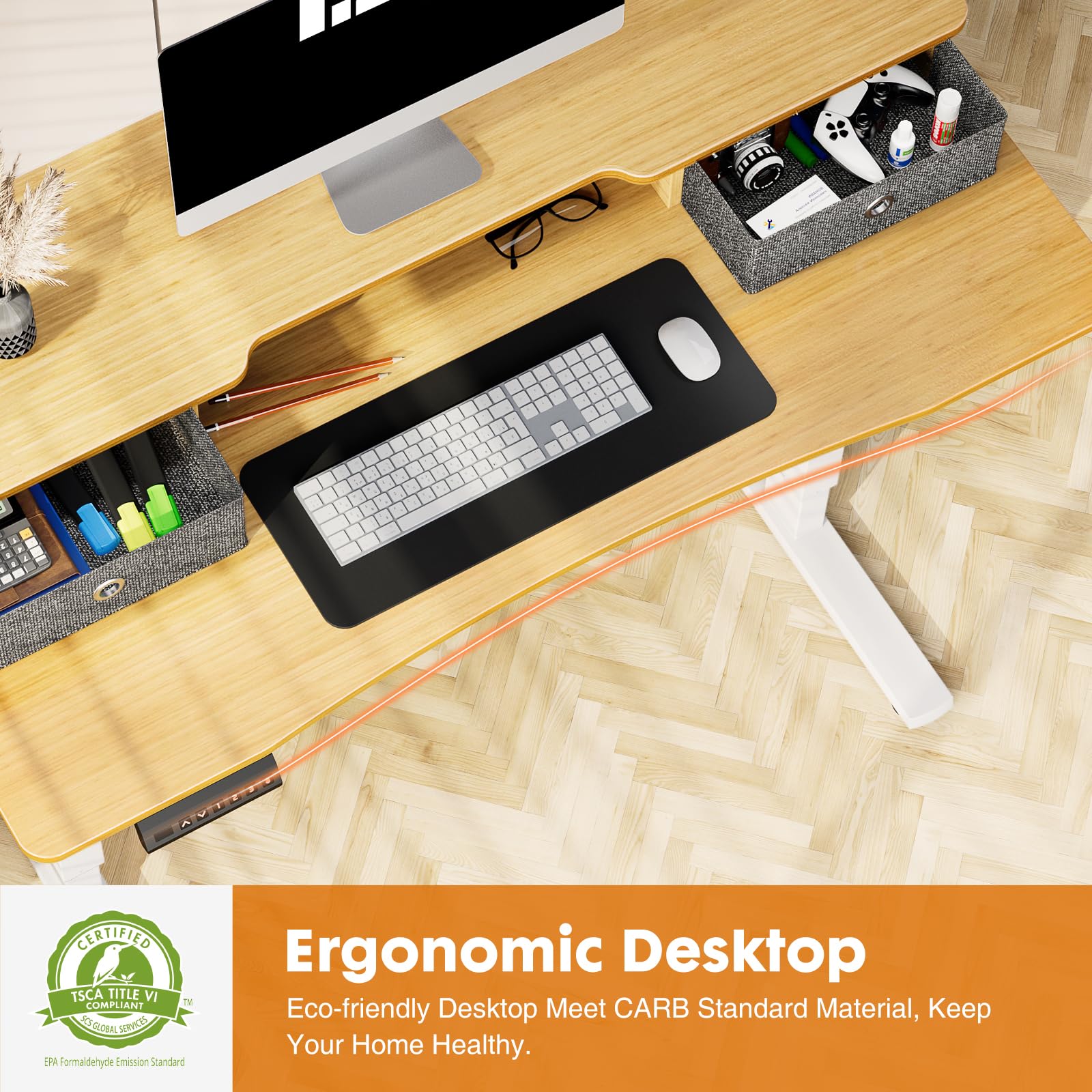 Height Adjustable Electric Standing Desk with Storage Shelf Double Drawer, 40 x 24 Inch Stand up Desk, Sit Stand Desk with Splice Board, Standing Table White Frame/Oak Desktop for Home Office