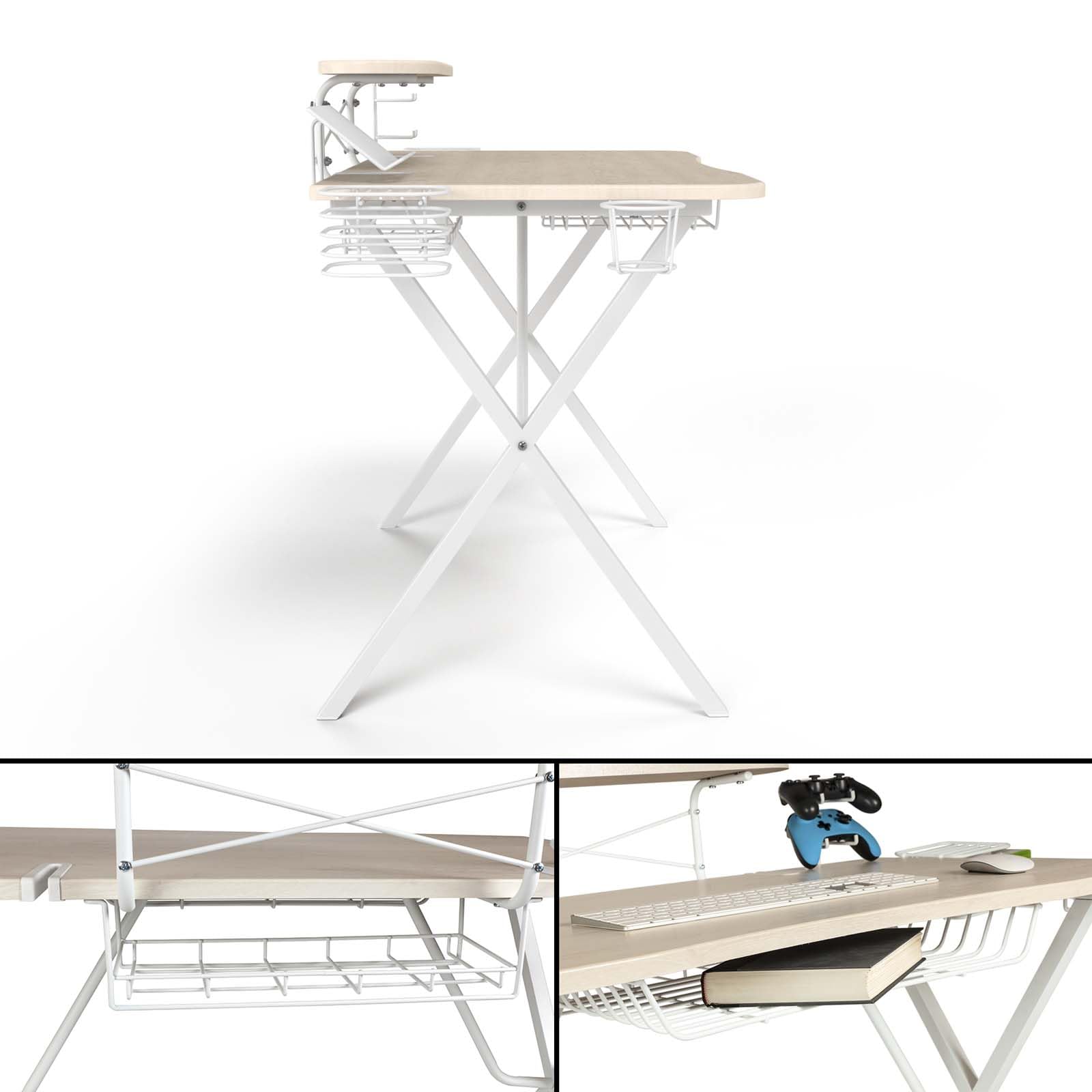 DUNTRKDU Desk Computer Desk 40"x 23.5" Home Office Desk Extra Large Modern Ergonomic Black Table Gamer Workstation with Cup Holder Headphone Hook (White)