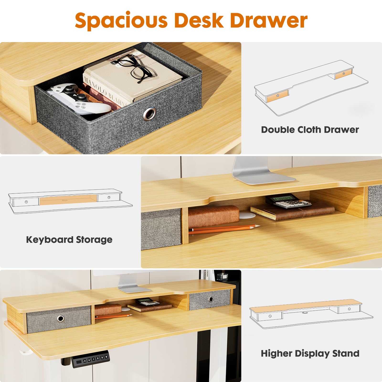 Height Adjustable Electric Standing Desk with Storage Shelf Double Drawer, 40 x 24 Inch Stand up Desk, Sit Stand Desk with Splice Board, Standing Table White Frame/Oak Desktop for Home Office