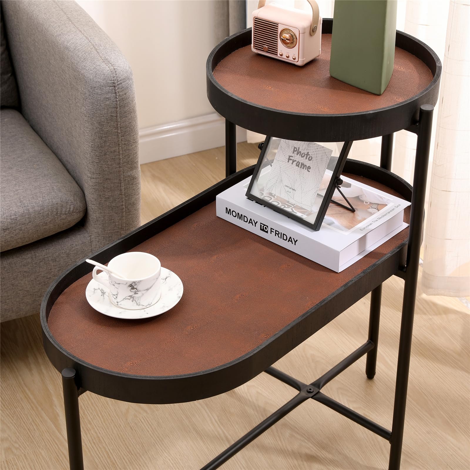Modern 2-Tier Side Table Black Metal Frame with Wood & PU Tray End Tables Sofa Table for Living Room, Bedroom, Sofa Couch, Hall