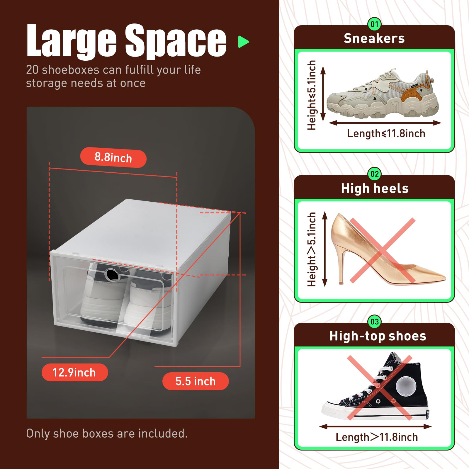 DDBESSIC Shoe Box Organizer,Clear Plastic Stackable Shoe Storage Box,Side Lid Odor Prevention Foldable for Rooms, Cabinets 20 Pack,White