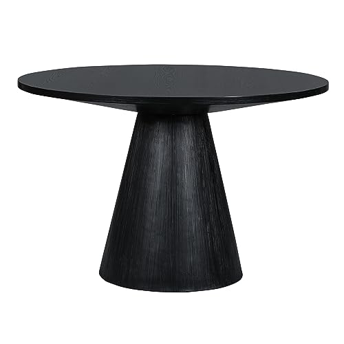 HZXINKEDZSW Wood Round Dining Table Set for 4 Persons,Retro Style 5-Piece Kitchen Dining Set with 4 Linen Fabric Upholstered Chairs for Dining Room,Living Room,Black