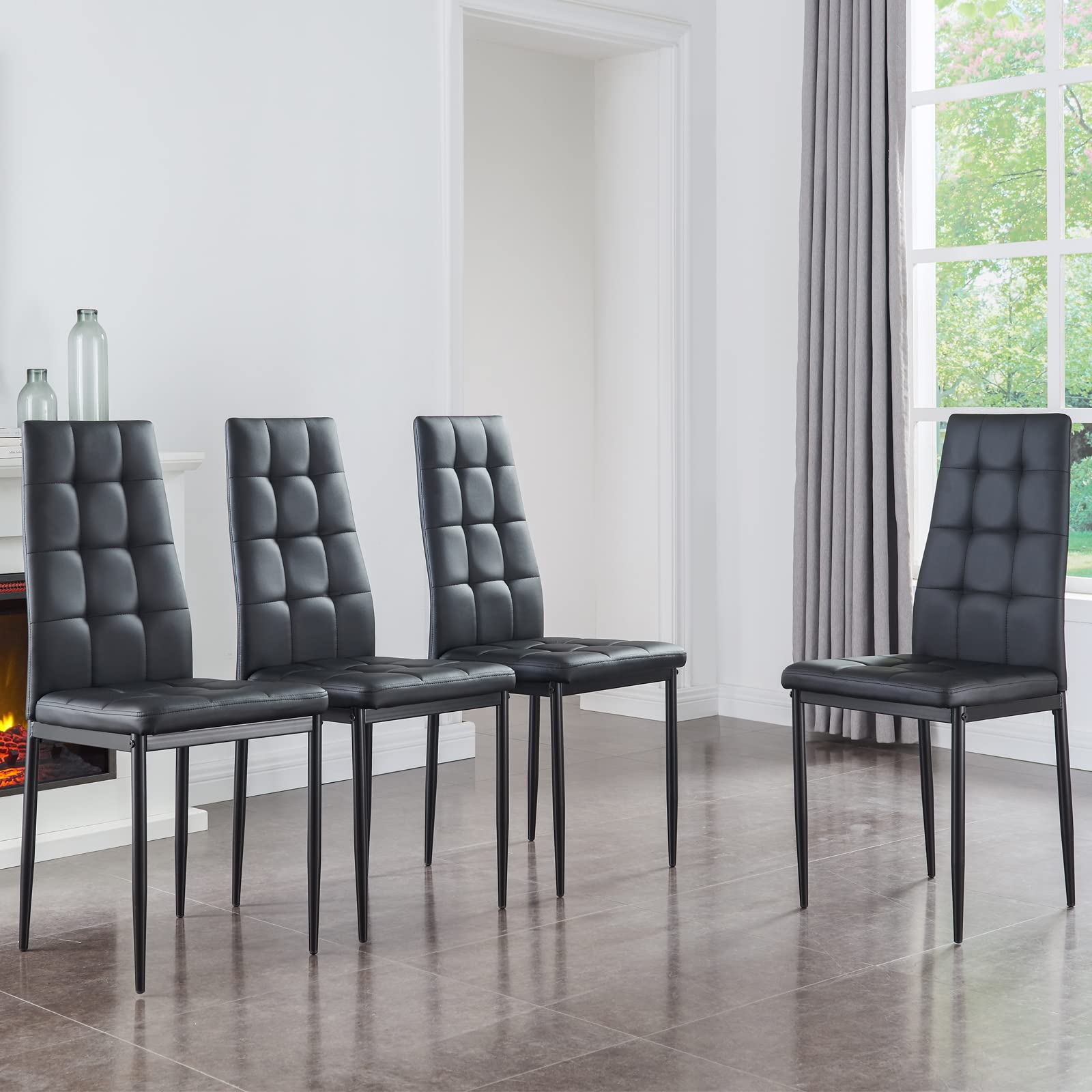 WISOICE Black Dining Chairs Set of 2, Kitchen Chairs for Dining Room Chairs, PU Leather Padded Cushion, High Back and Metal Legs