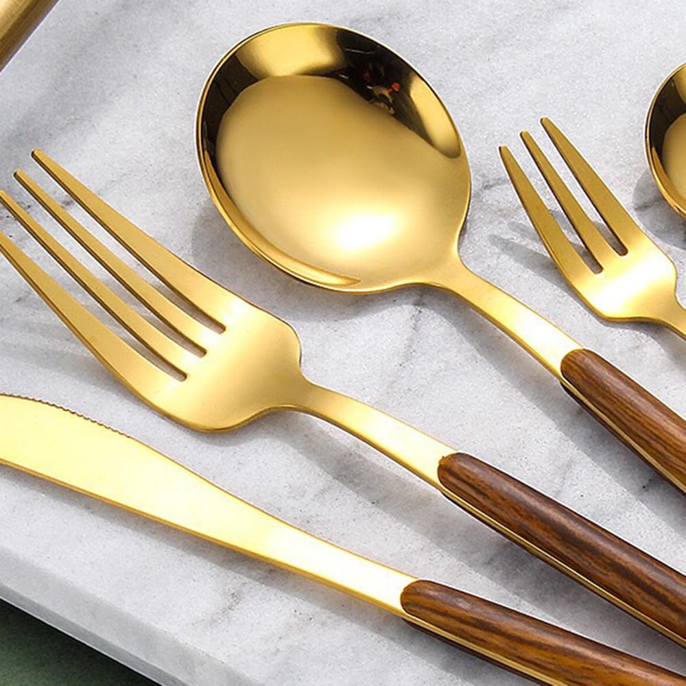 Aimilan 20 Piece Gold Silverware Set for 4, Imitation Wooden Handle Flatware Cutlery Set for Home Kitchen Restaurant, Mirror Finish, Dishwasher Safe (20-Piece for 4)