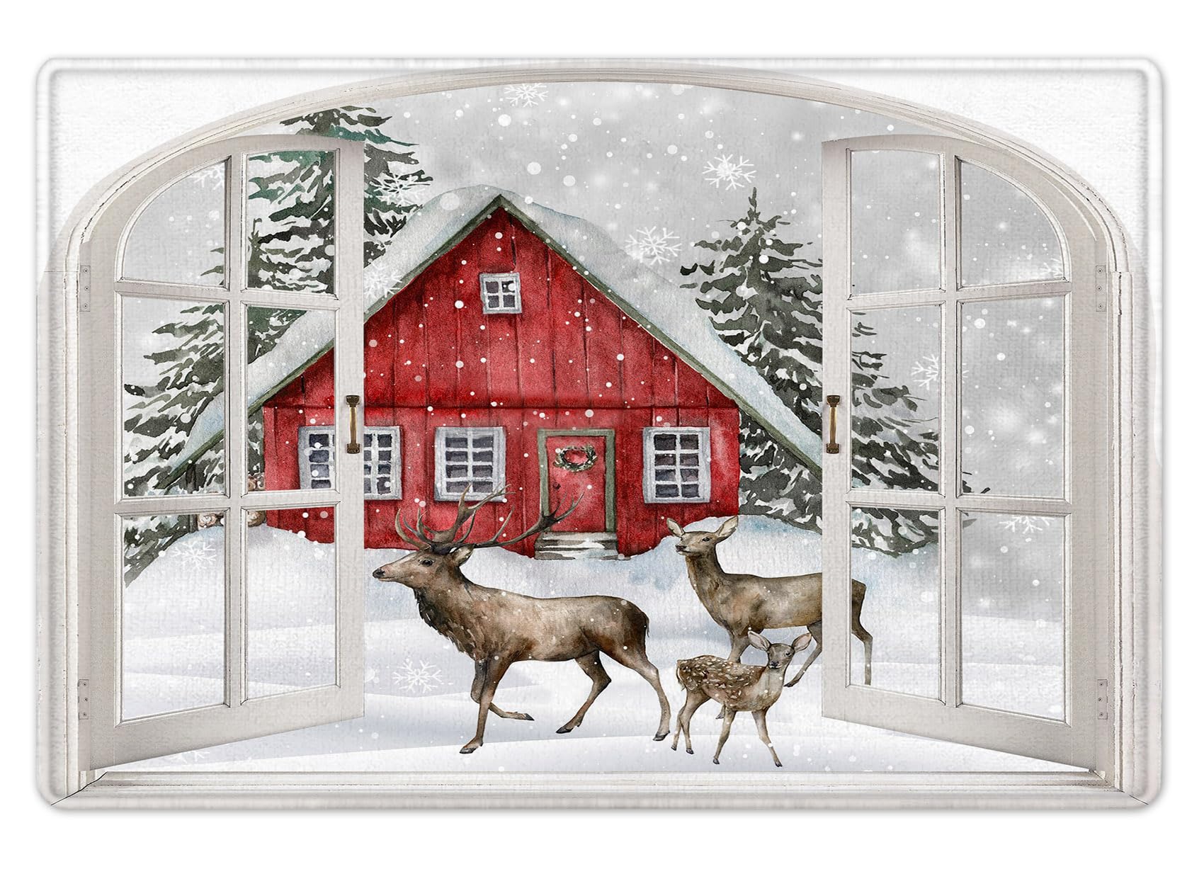 LB Rustic Winter Bath Mat Deer Under White Snow Area Rug for Bathroom Red Farmhouse Out of Window Doormat Non Slip Memory Foam Super Absorbent Floor Mats,24Wx16H Inch